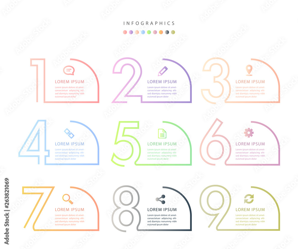 Vector infographic design UI template colorful gradient 9 number labels ...