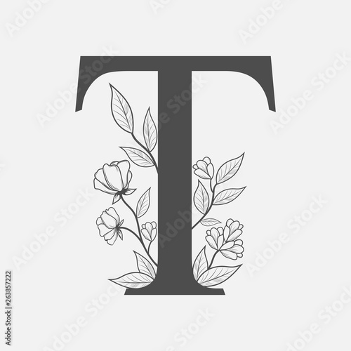 Uppercase Letter T with flowers and branches. Vector flowered monogram ...
