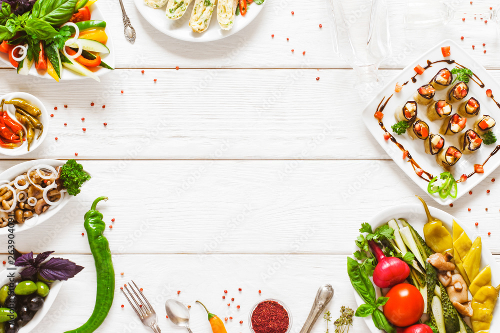 Food buffet selection top view. Party catering meals flat lay. Empty ...