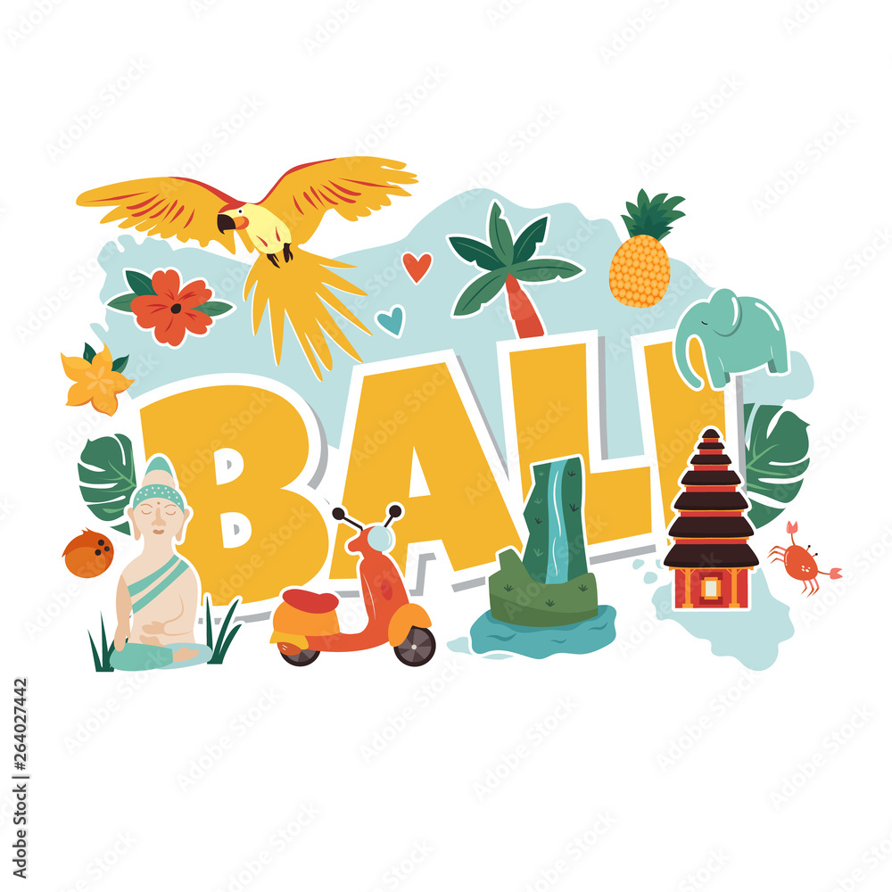 Cartoon illustration with Bali landmarks, symbols 素材庫向量圖 | Adobe Stock