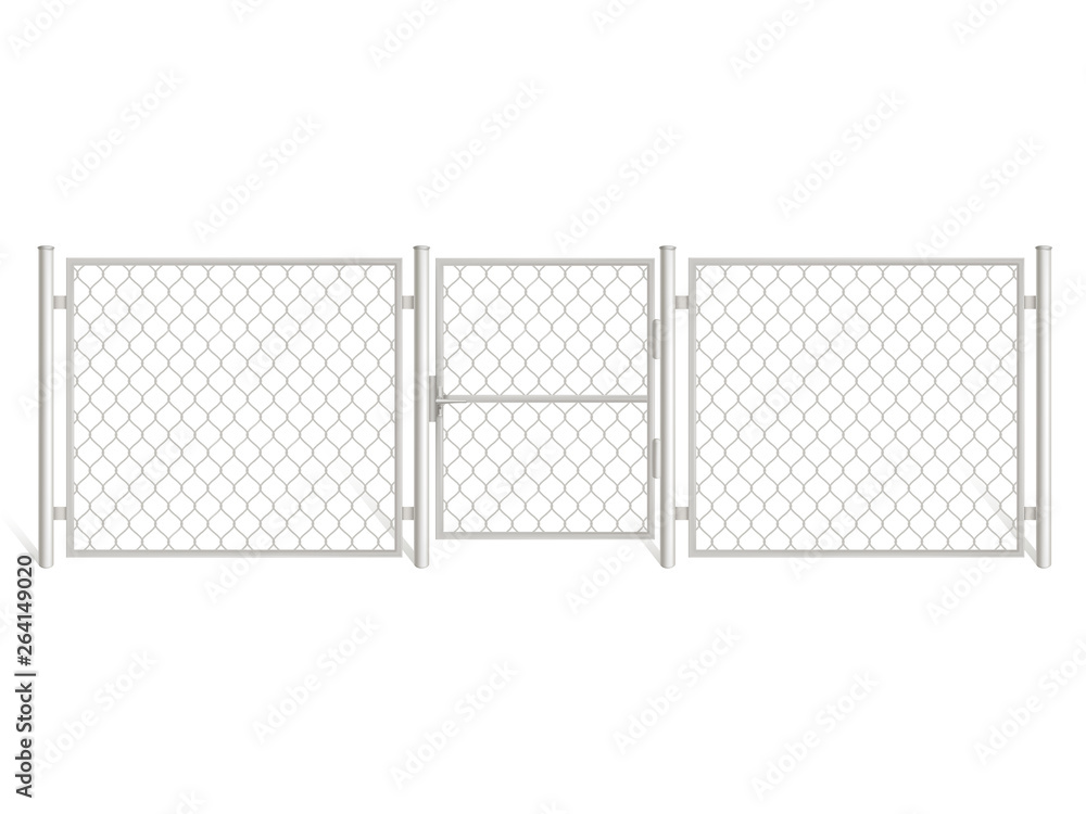 Wire fence isolated on white background. Three segments silver colored ...