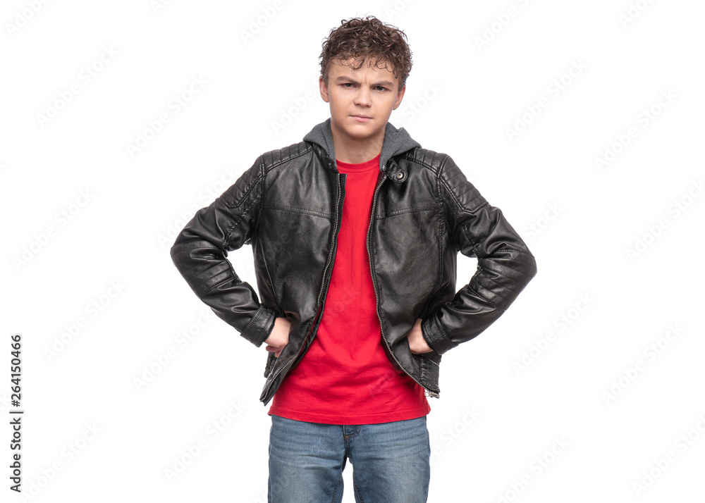 Portrait of a Handsome brutal Teen Boy in a black Leather Jacket ...