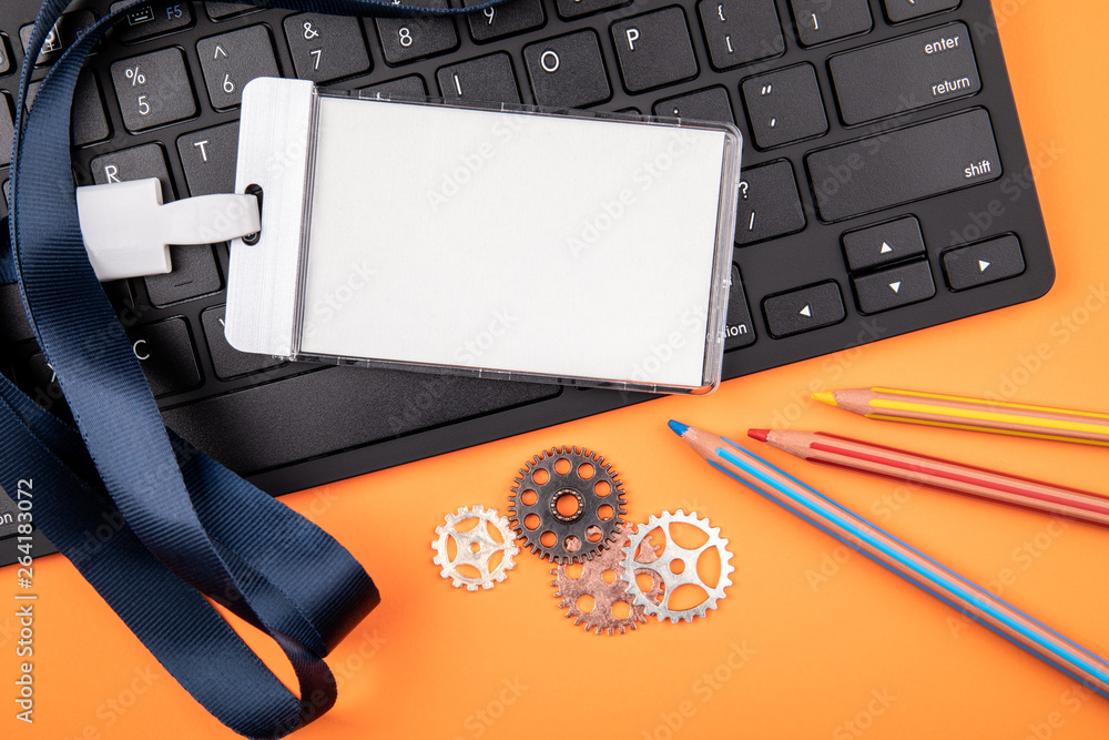 White empty staff identity mockup with Blue lanyard. Name tag, ID card ...