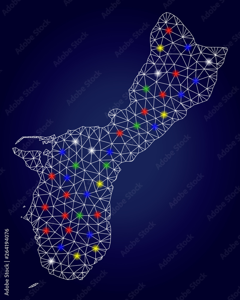 Bright mesh vector Guam Island map with glowing lightspots. Mesh model ...