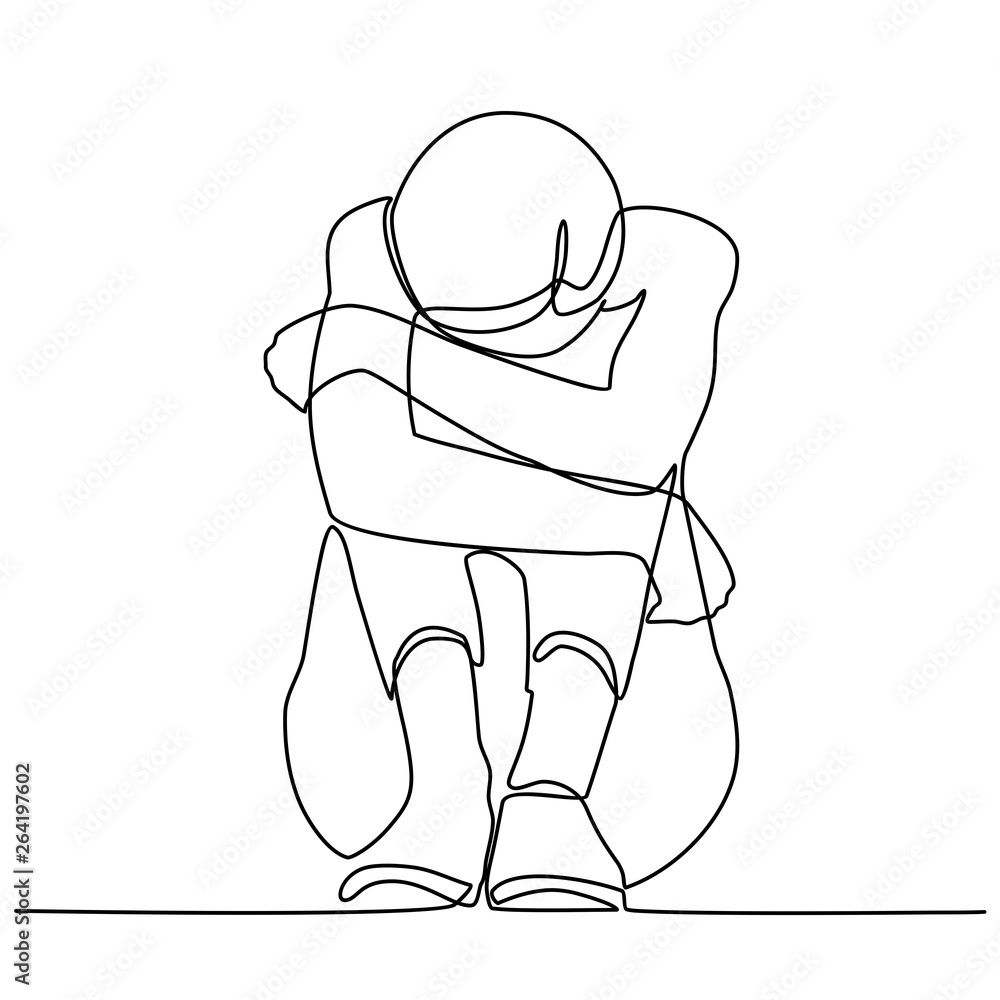 Continuous line drawings of young woman feeling sad, tired and worried ...