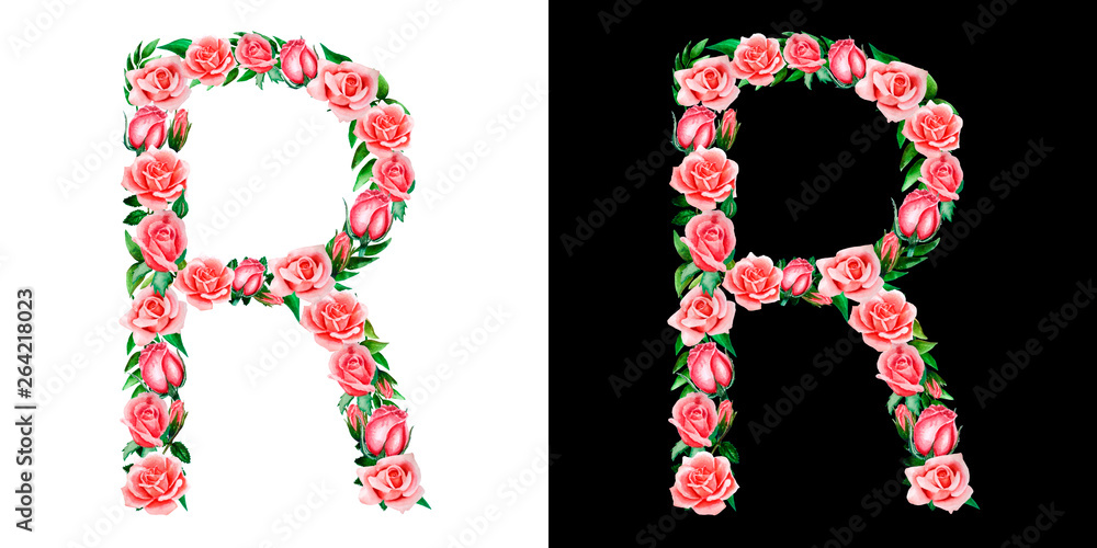 watercolor floral alphabet of roses, Monogram, title letter R isolated ...