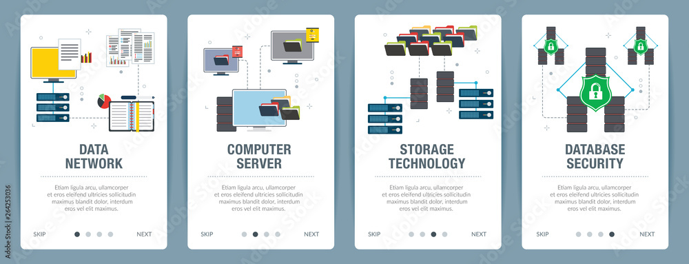 Vector set of vertical web banners with data network, computer server ...
