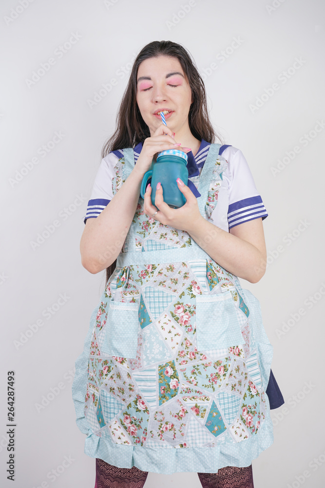 charming plus size anime girl in school uniform and an apron on top ...