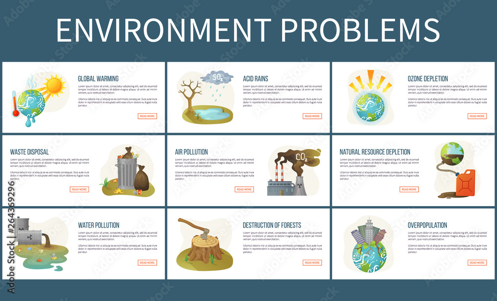Environmental problems vector, ozone depletion and deforestation, water and air pollution ...