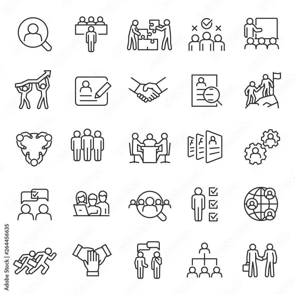 Human resource, icon set. Job hunting and employee search. Interview ...