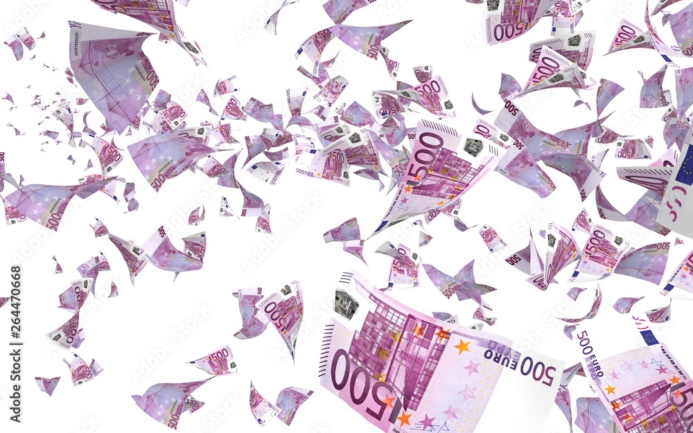 Flying euro banknotes isolated on a white background. Money is flying ...