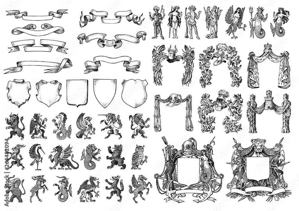 Heraldry in vintage style. Engraved coat of arms with animals, birds ...