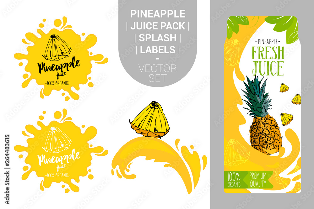 cartoon pineapple on juice splash. Fresh pineapple juice pack with ...