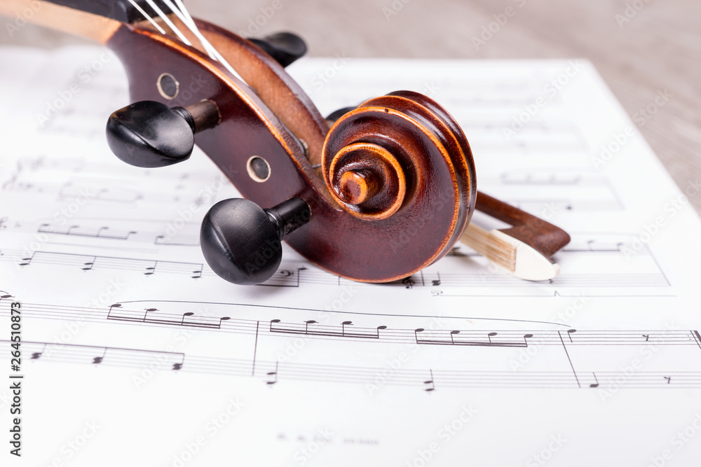 Scroll of the classical violin on music notes. Head of vintage violin ...