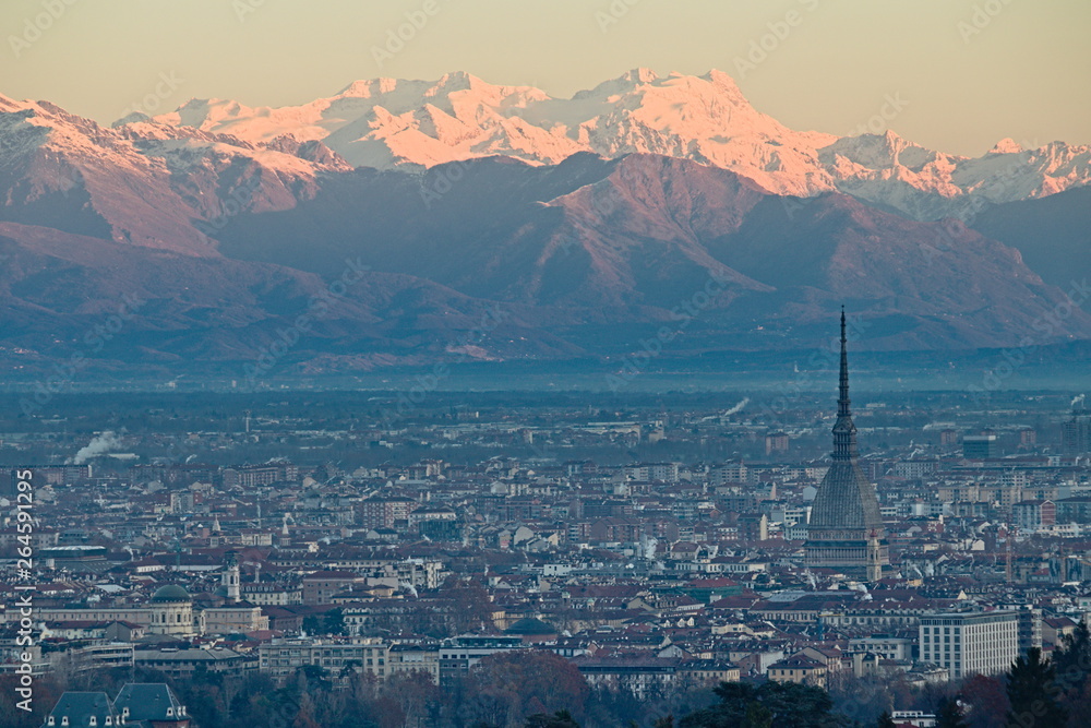 Panorama of Turin at sunrise, overlooking the city center and the Mole ...