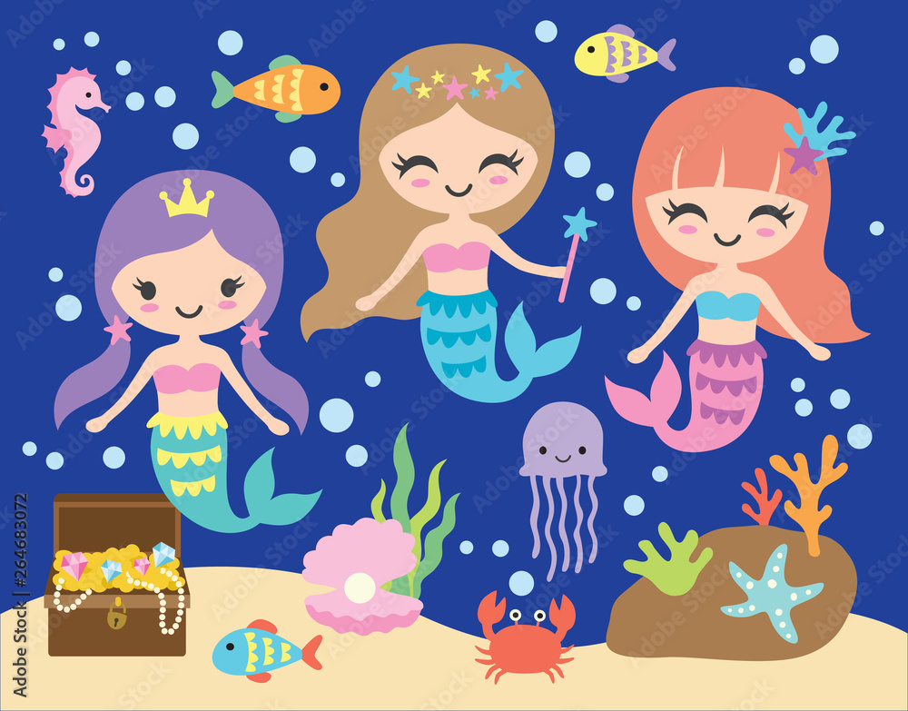 Vector illustration of cute little mermaid under the sea with fishes ...