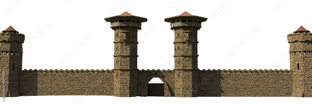 medieval castle wall with gate isolated on white background Stock ...