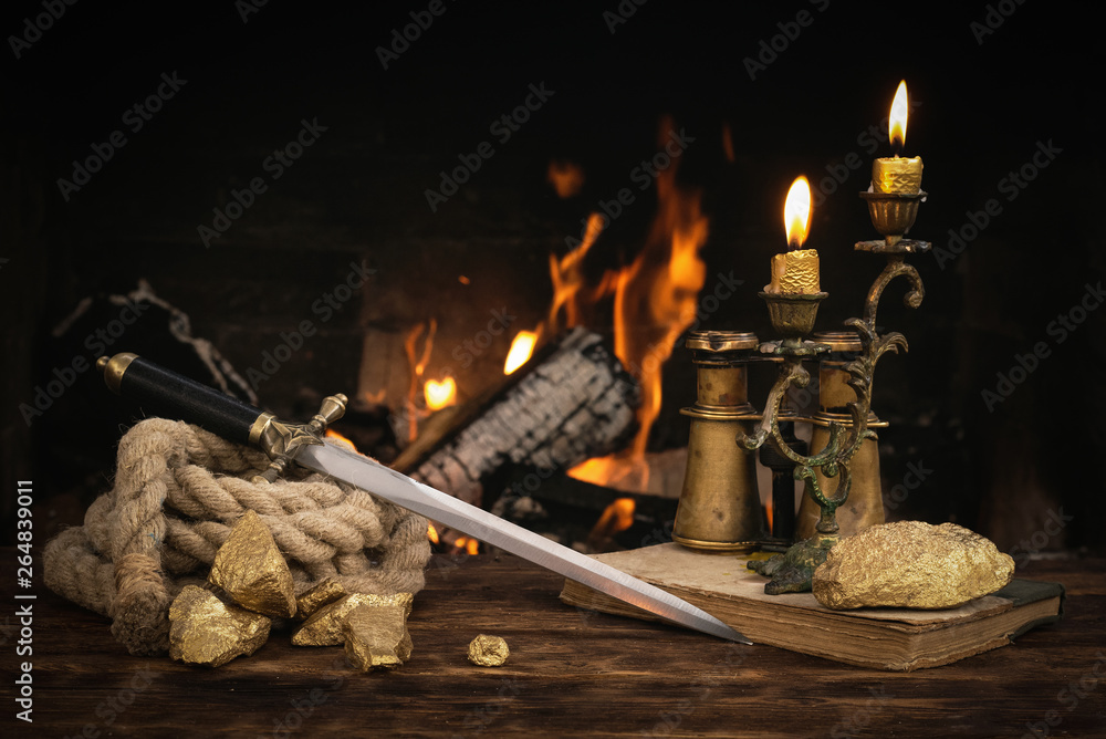 Pirate concept. Treasure hunt. Adventurer table with treasure gold ...