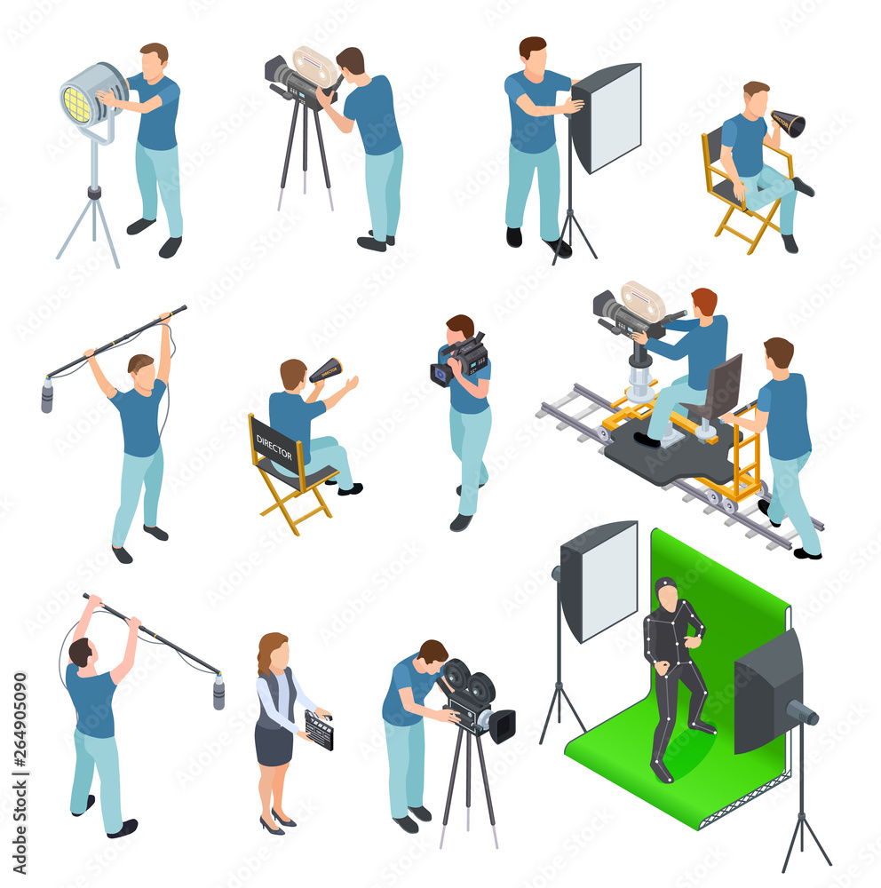 Cinematograph isometric set. People work camera light crew movie video ...