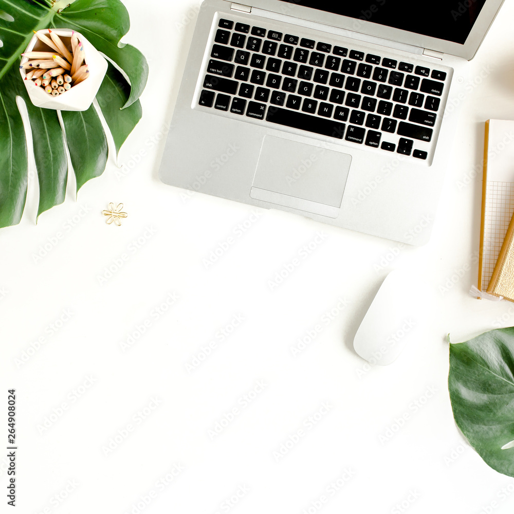 Flat lay home office desk. Female workspace with laptop, tropical palm ...