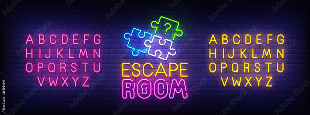 Quest Room neon sign, bright signboard, light banner. Escape Room logo ...