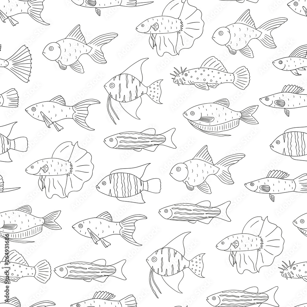 Vector black and white seamless pattern of aquarium fish. Monochrome ...