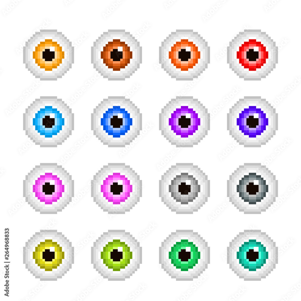 Big collection of 16 8 bit pixel art multicolored eyeballs isolated on ...
