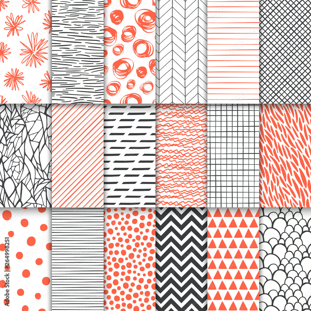 Abstract hand drawn geometric simple minimalistic seamless patterns set. Polka dot, stripes ...