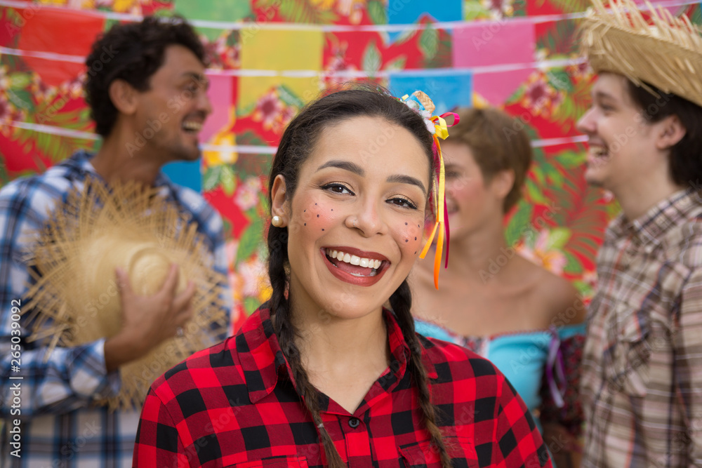 Festa Junina: June Party. Happy people in plaid costume at traditional ...