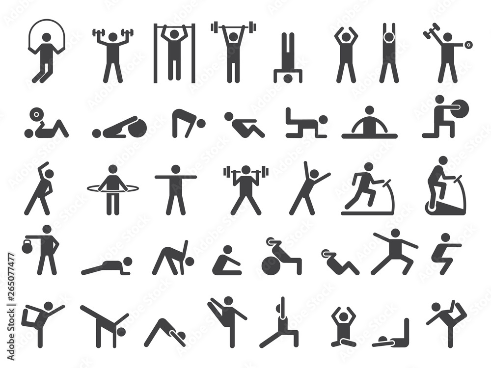 Fitness symbols. Sport exercise stylized people making exercises vector ...