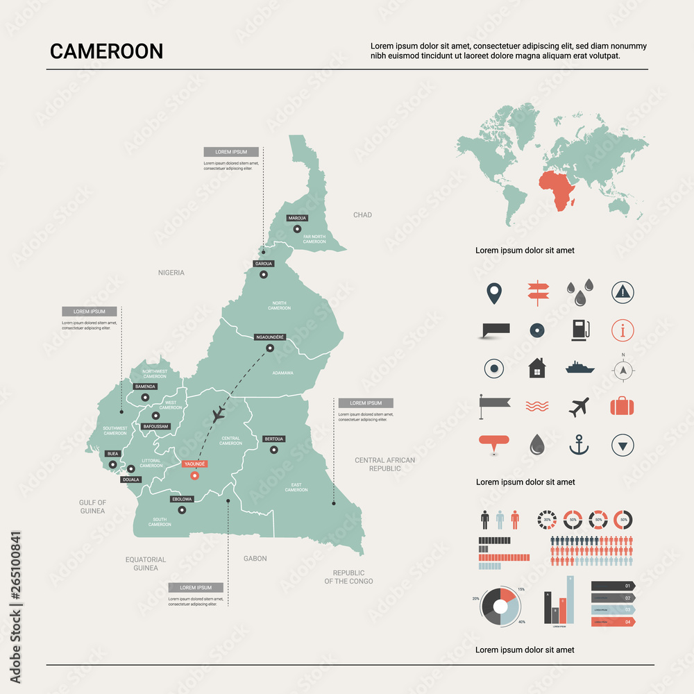 Vector map of Cameroon. High detailed country map with division, cities ...