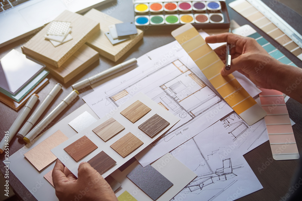 Architect designer Interior creative working hand drawing sketch plan ...