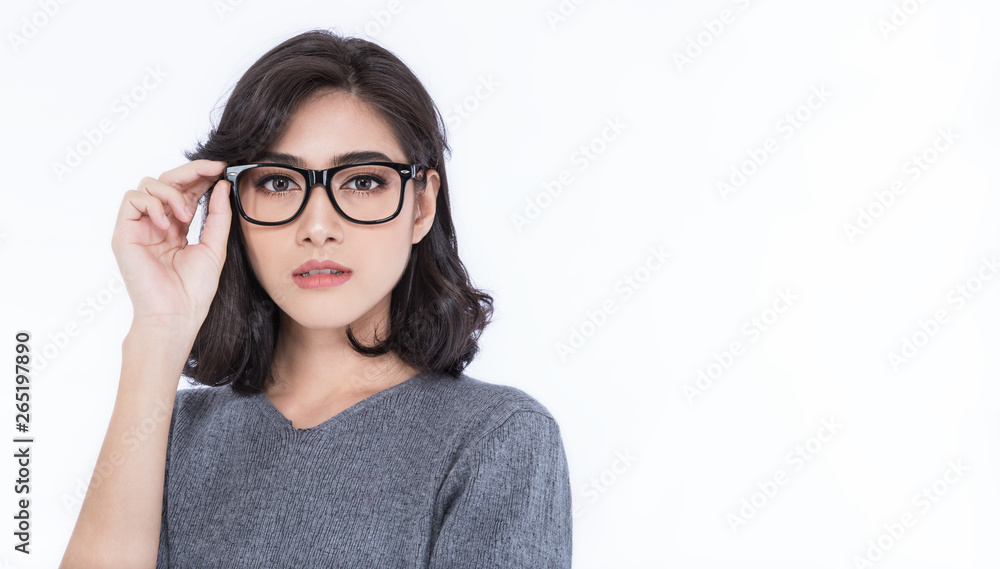 Attractive beautiful smiling positive asian happy nerd woman. Closeup ...