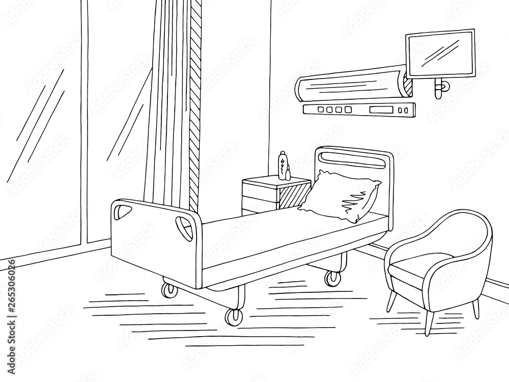 Hospital ward graphic black white interior sketch illustration vector ...