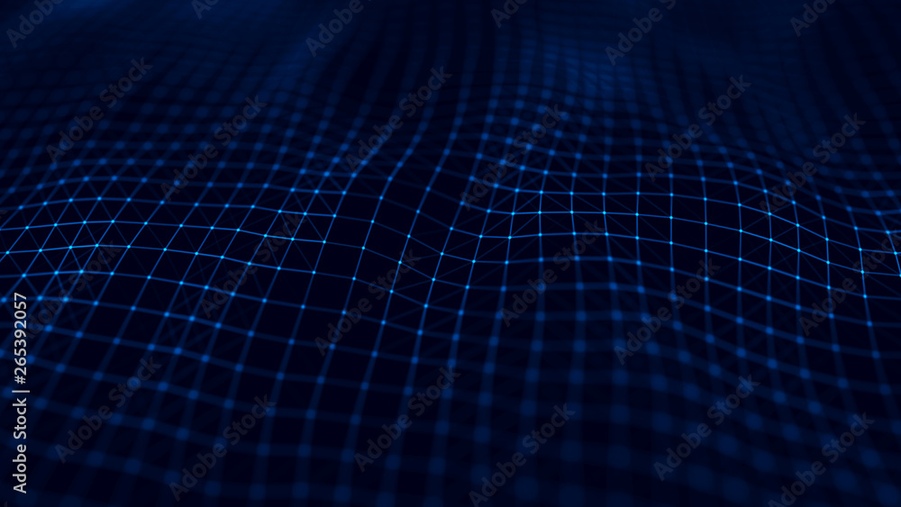 Wave 3d. Abstract 3D big data visualization. Visual information complexity. Plexus affect ...