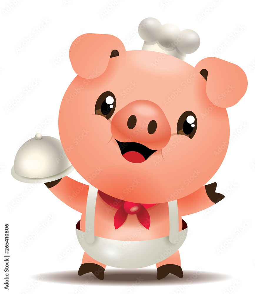 Cute pig chef cartoon character serving tray. Cartoon vector mascot ...