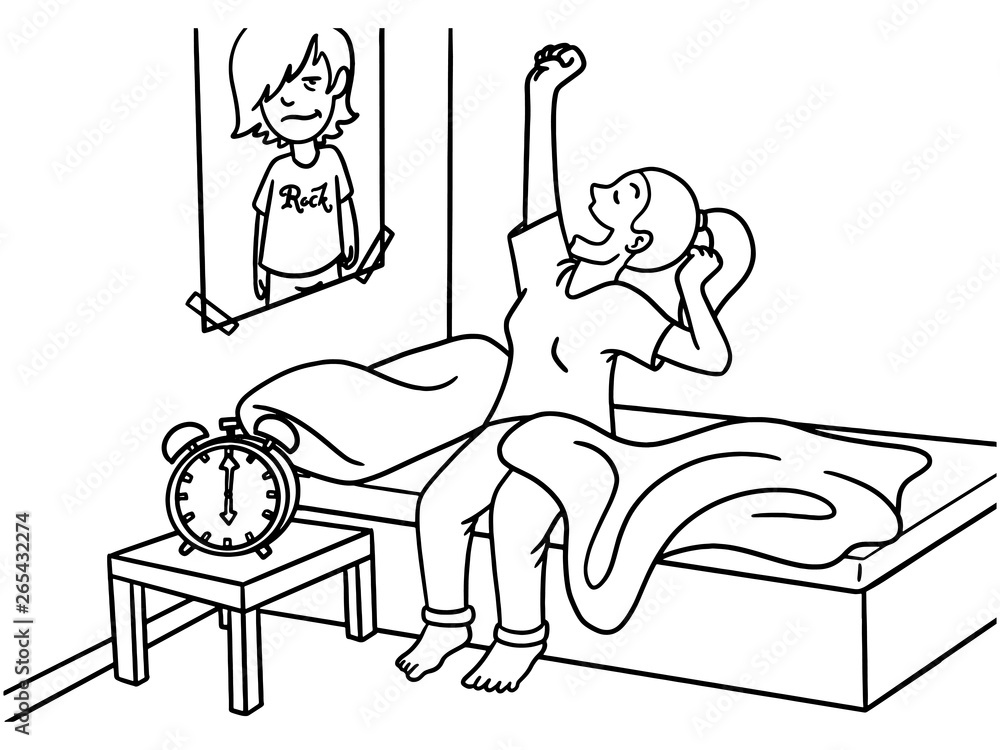 Vector illustration of a teenage girl getting up, yawning and ...