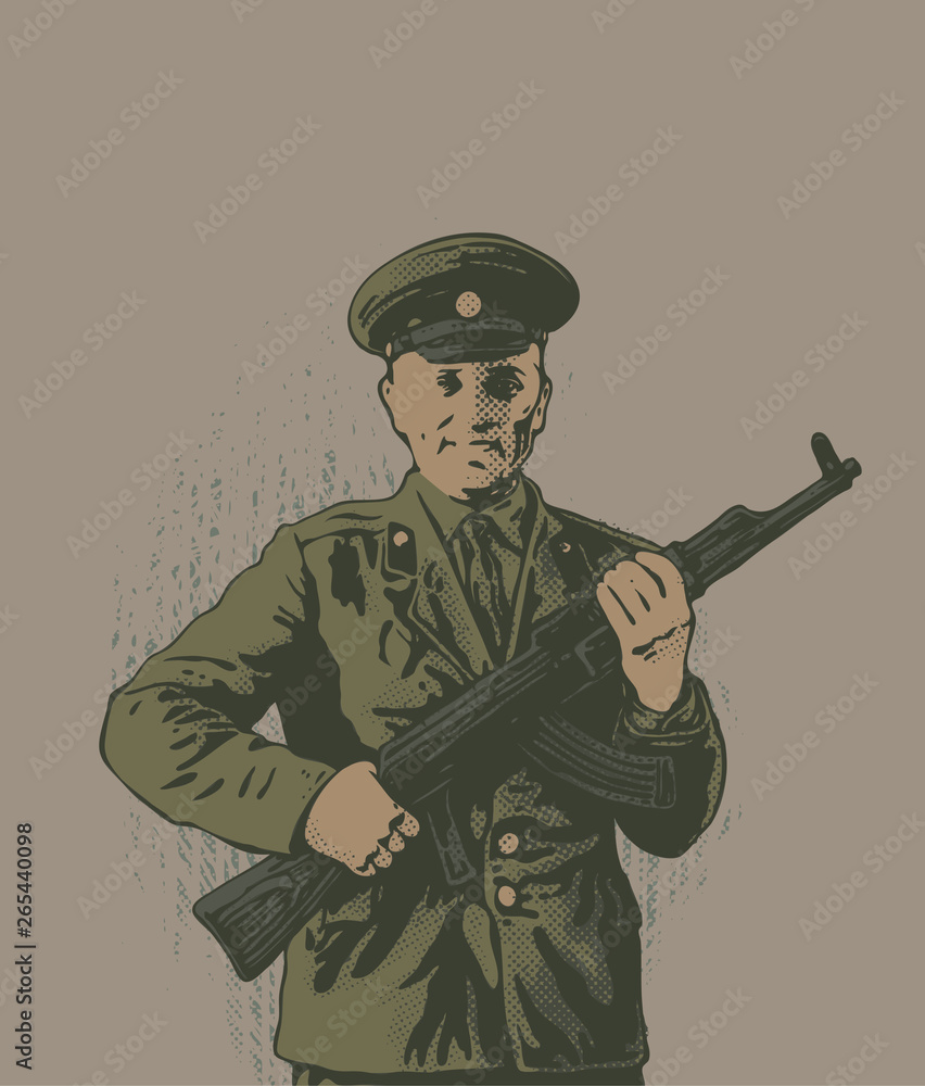 Lieutenant of the Soviet Army with kalashnikov and a smile. Vector ...