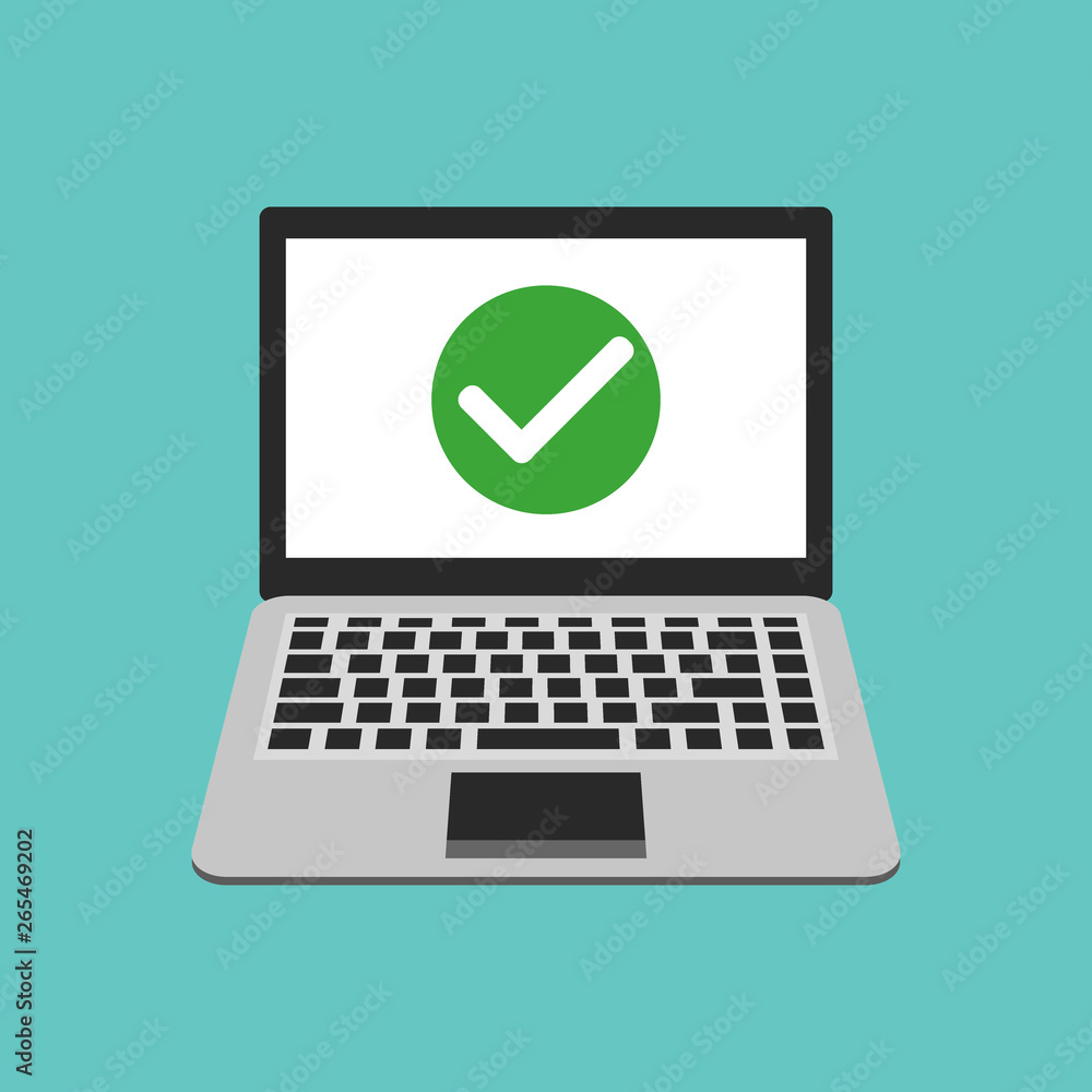 Laptop with checkmark or tick notification vector illustration, flat ...