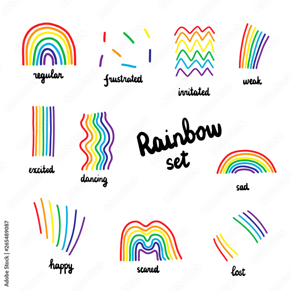 Vector de Stock Rainbow set hand drawn illustration. Different emotions ...