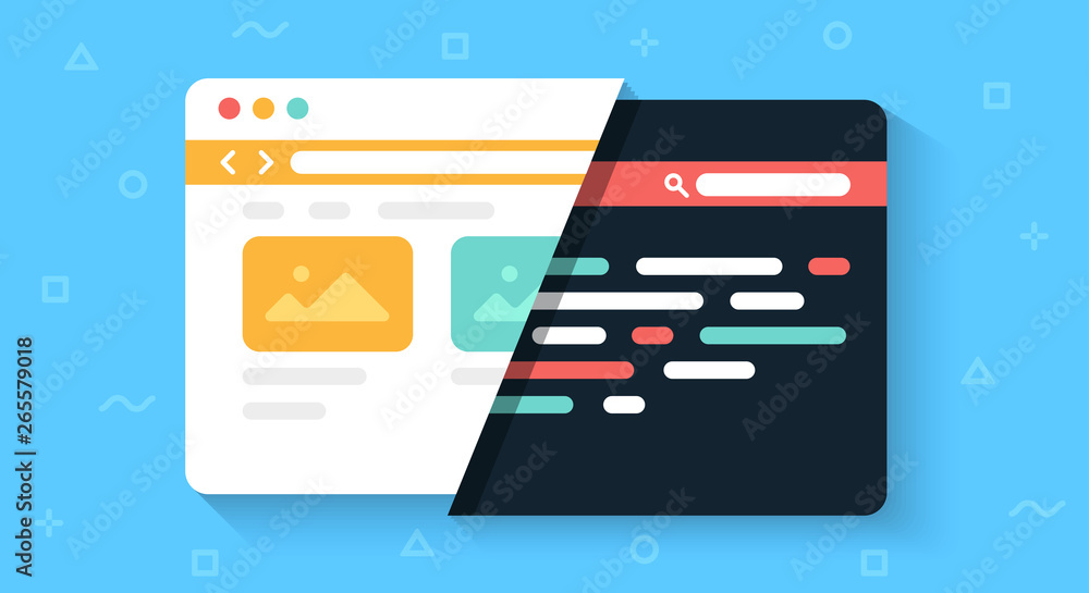 Colorful web browser window isolated. Design and code. Web development ...