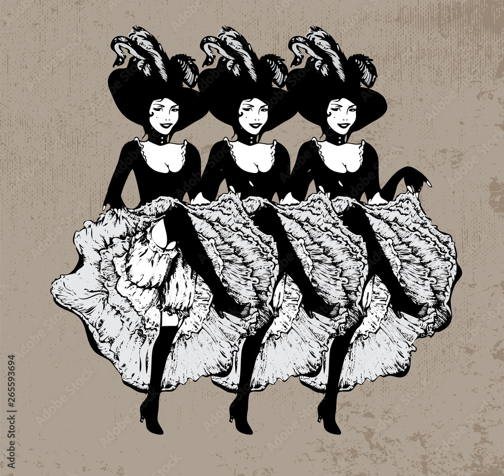 Cancan dancing girls. Vector illustration in vintage style. Dancing women in laced skirt and hat ...
