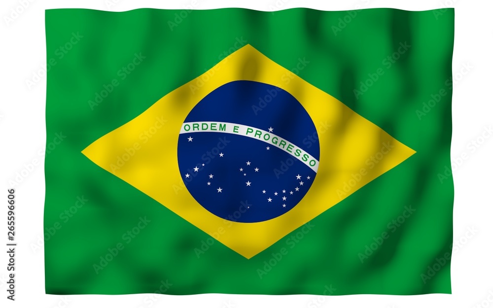 Waving flag of Brazil. Ordem e Progresso. Order and progress. Rio de ...