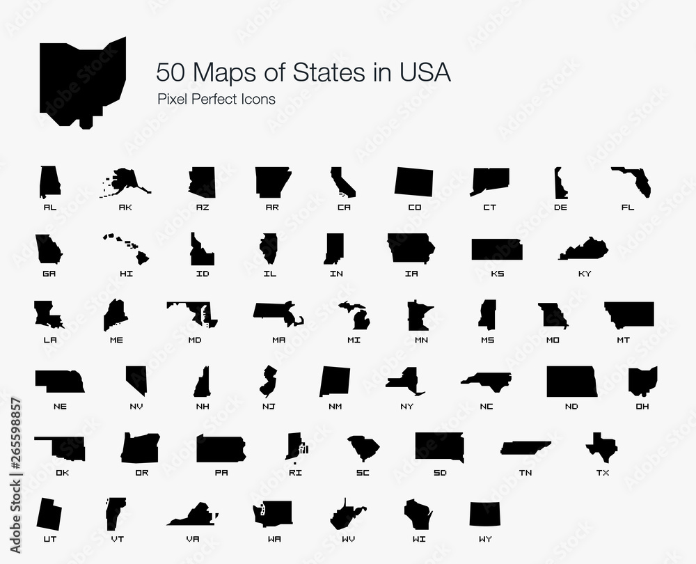 All 50 USA States Map Pixel Perfect Icons (Filled Style). Vector icons ...