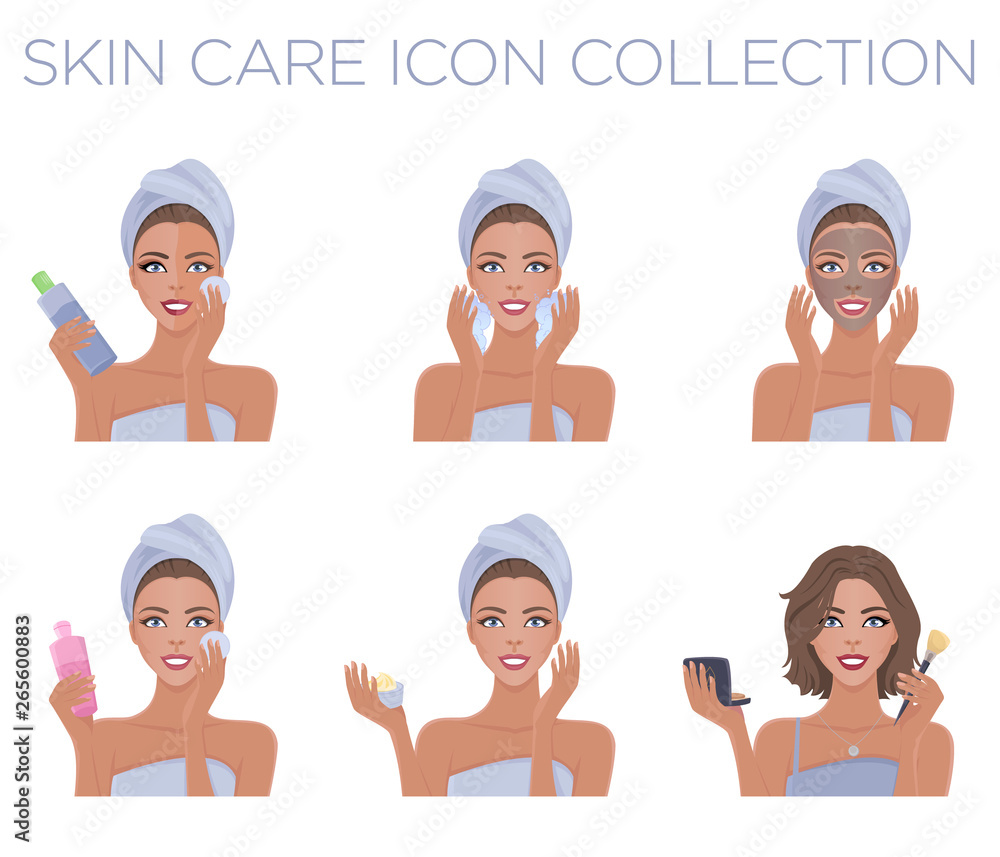 Skin care daily routines icon set. Vector illustration of female ...