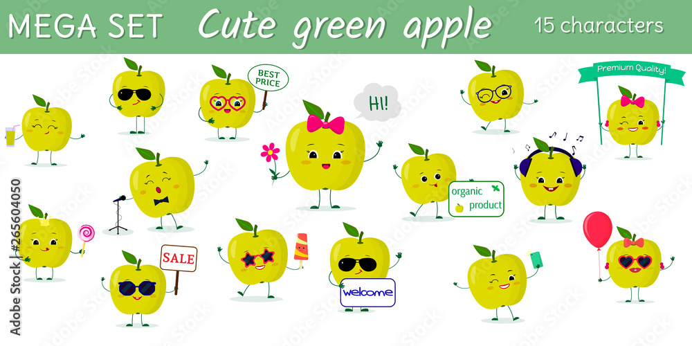 Mega set of fifteen cute kawaii green apples fruit characters in ...