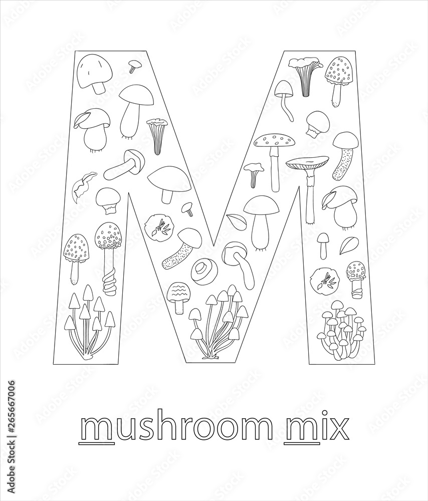 Black and white alphabet letter M. Phonics flashcard. Cute letter M for ...