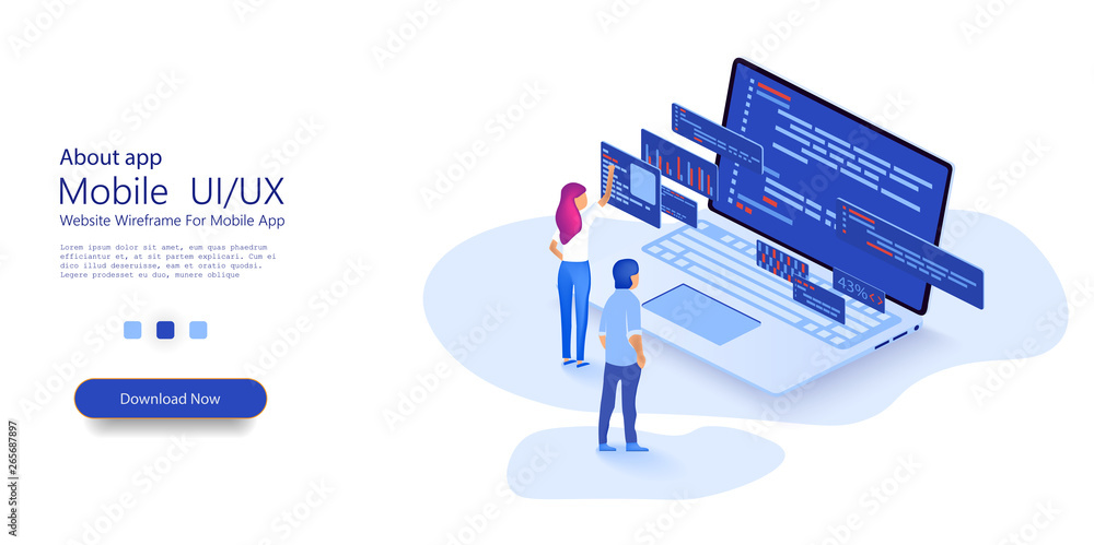 Vector de Stock Programmer woman and man at work concept banner. Website design. Software, web ...