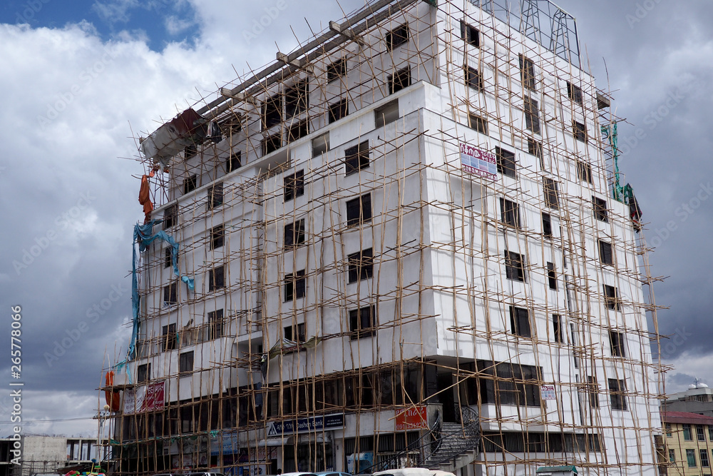 Addis Ababa, Ethiopia - 21 April 2019 : Typical wooden scaffolding ...
