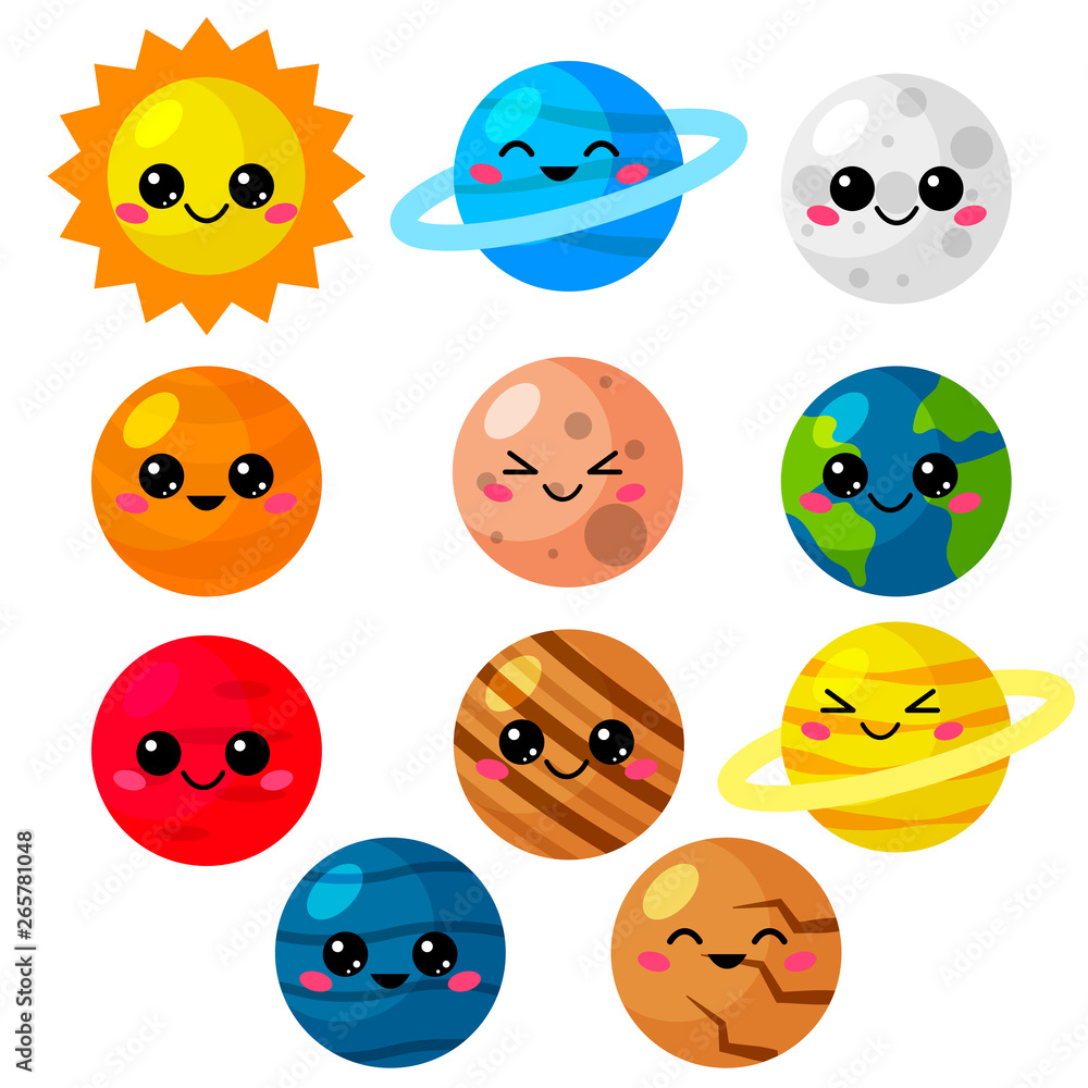 Kawaii cartoon vector set of planets. Cute solar system for kids ...